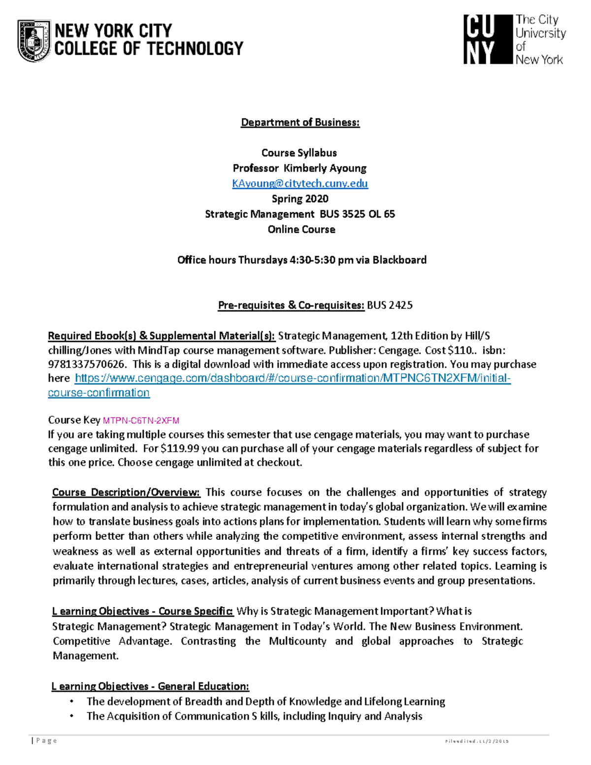 2020 Fall BUS 3525 OL 65 Syllabus Ayoung - Warning: TT: undefined function: 32 Warning: TT ...