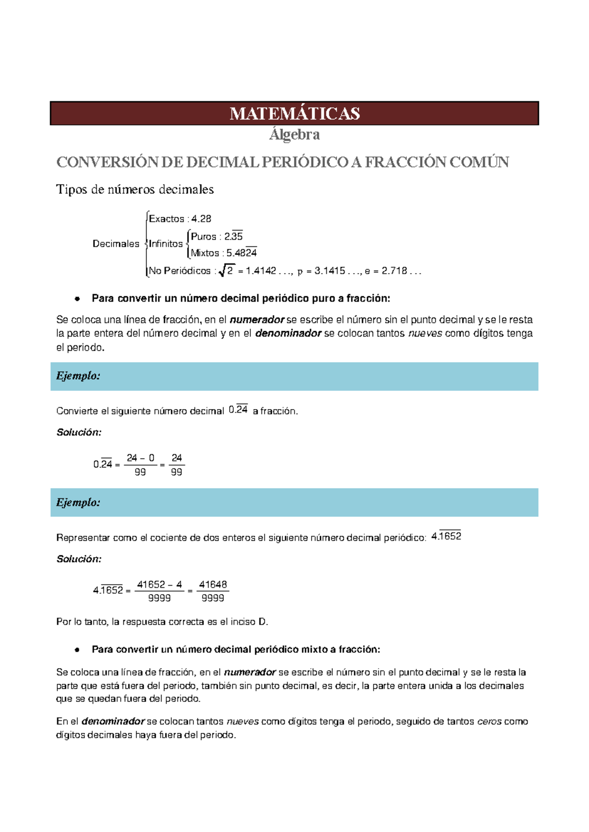 1 - Ejercicio - MATEMÁTICAS Álgebra CONVERSIÓN DE DECIMAL PERIÓDICO A ...