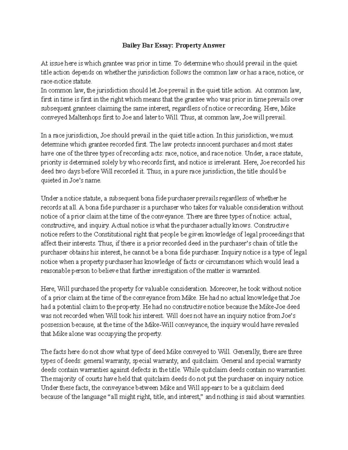 Bailey Bar Essay Property Answer - To determine who should prevail in ...