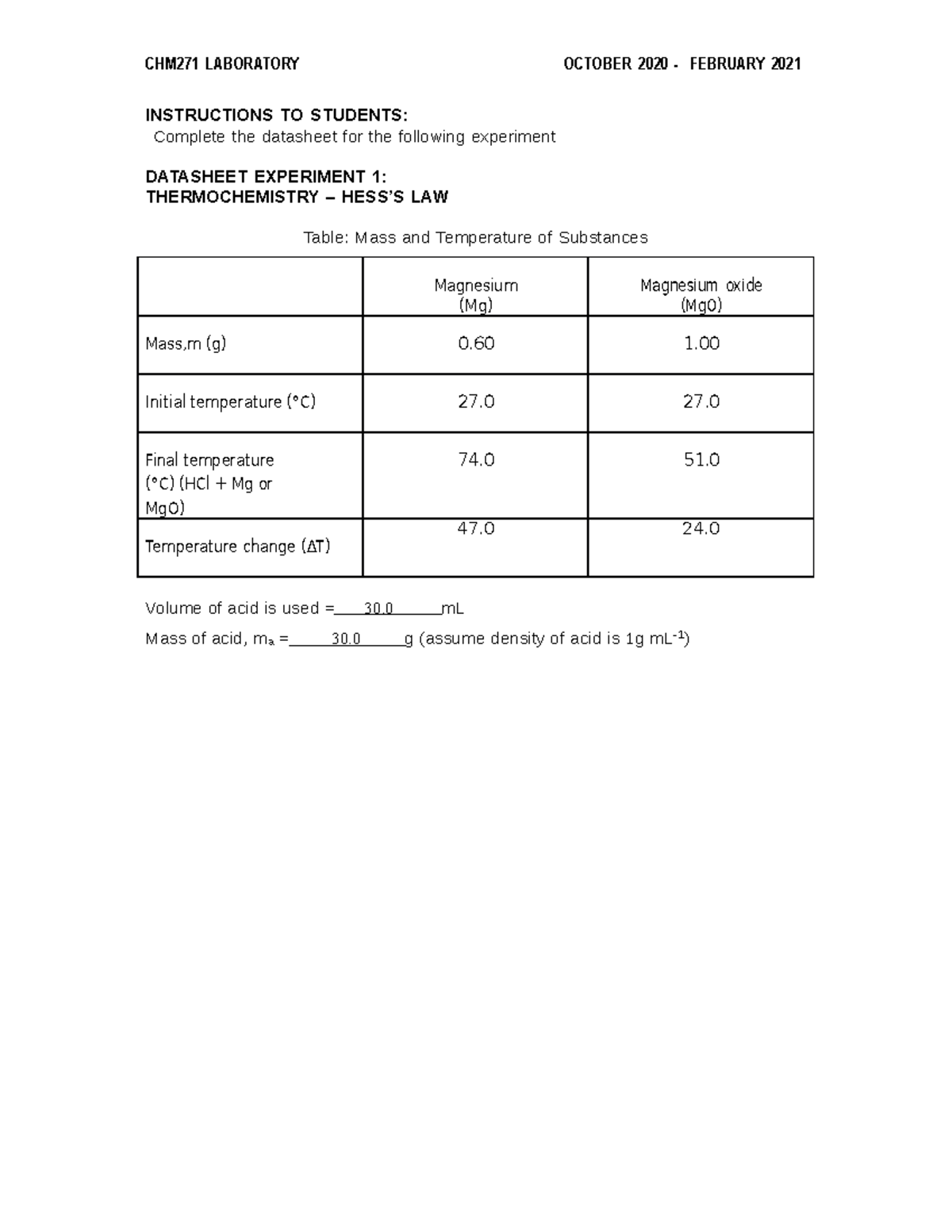 Datasheet EXP 1 Thermochemistry – HESS’S LAW - CHM271 LABORATORY ...