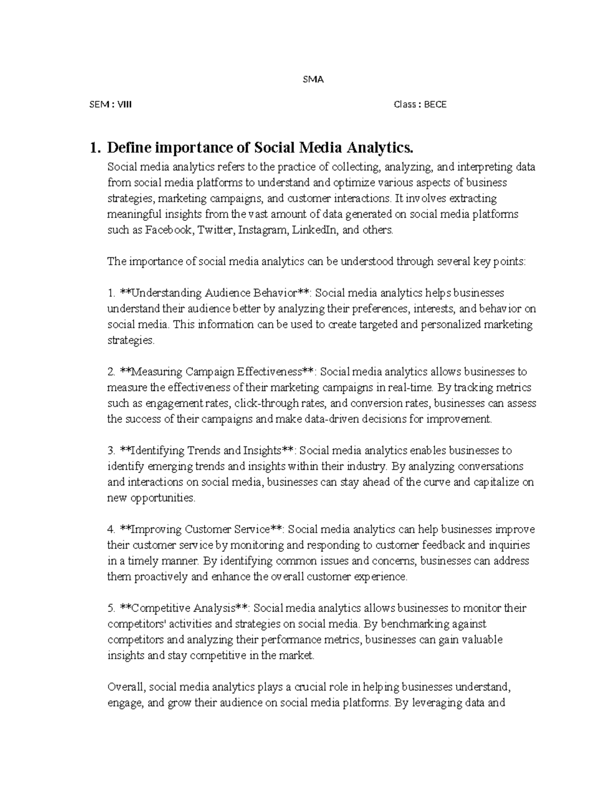 SMA IA1 Question Bank-1 - SMA SEM : VIII Class : BECE 1. Define ...