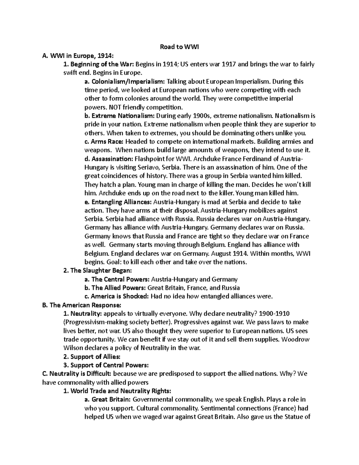 7 September 22 to 26 - **Road to WWI A. WWI in Europe, 1914: Beginning ...