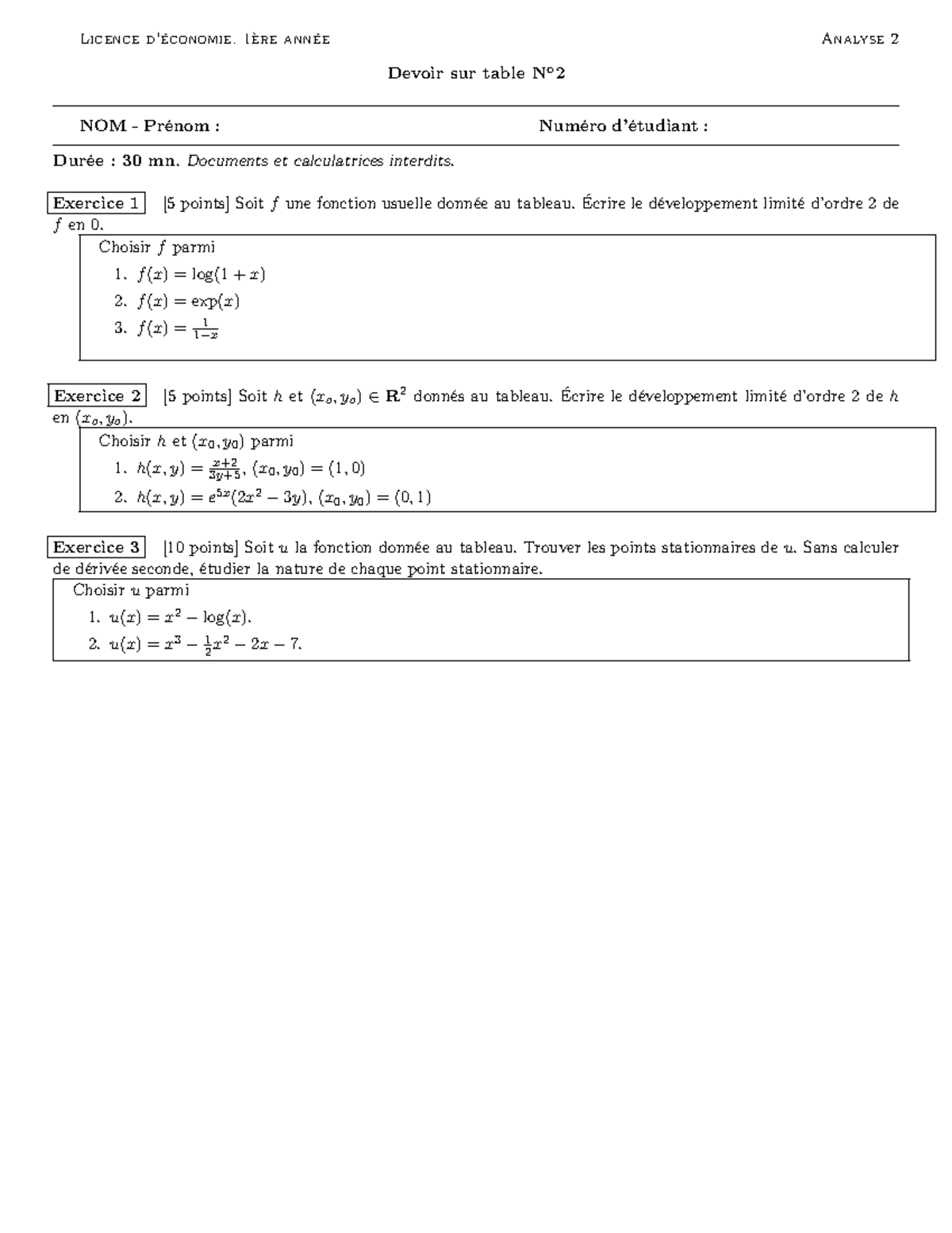 CC2 Maths - Analyse 2 - Licence d’économie. 1ère année Analyse 2 Devoir sur table No 2 NOM ...