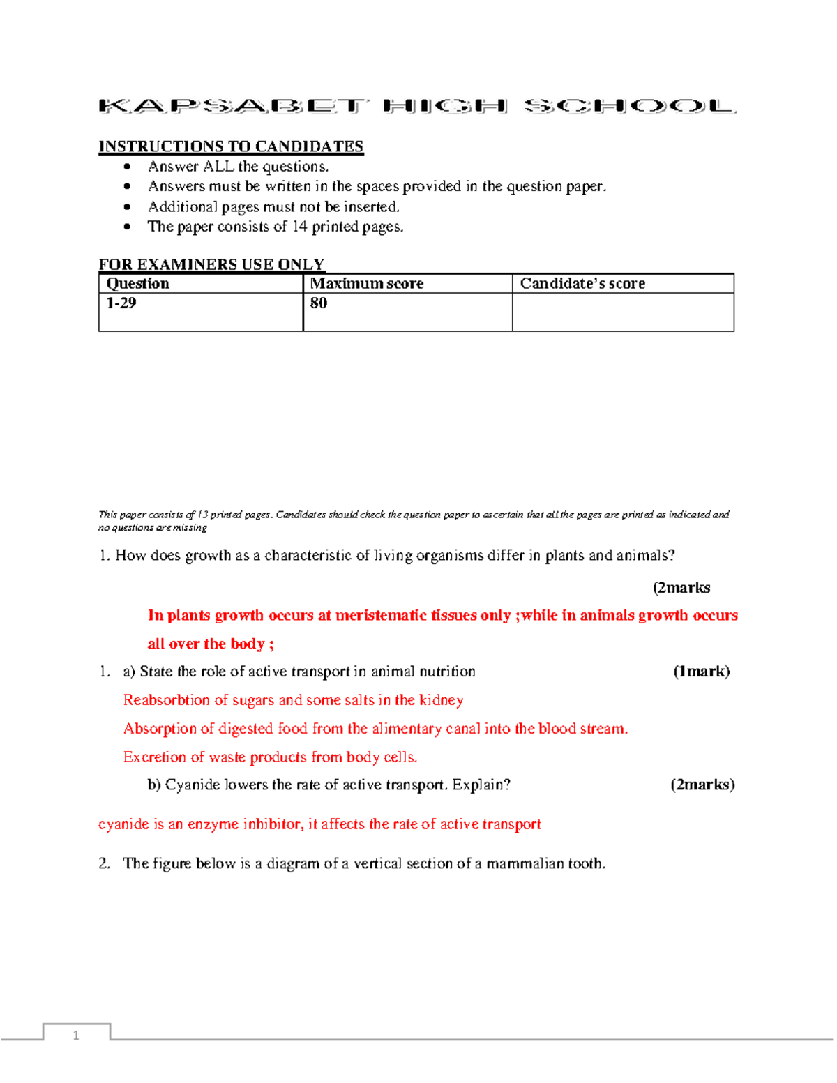 Biology Paper 1 Scheme - all are welcomed - INSTRUCTIONS TO CANDIDATES ...