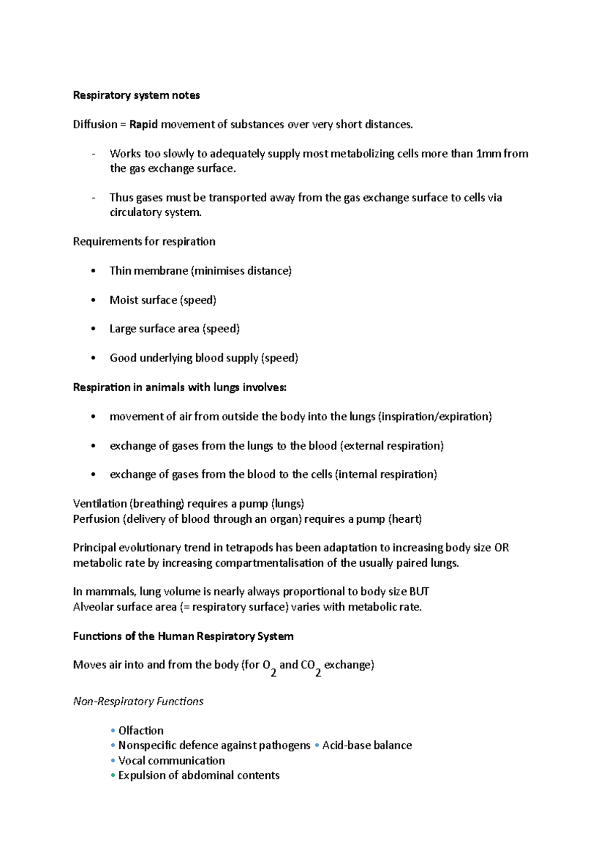 Respiratory system lecture 1 notes - Respiratory system notes Diffusion ...