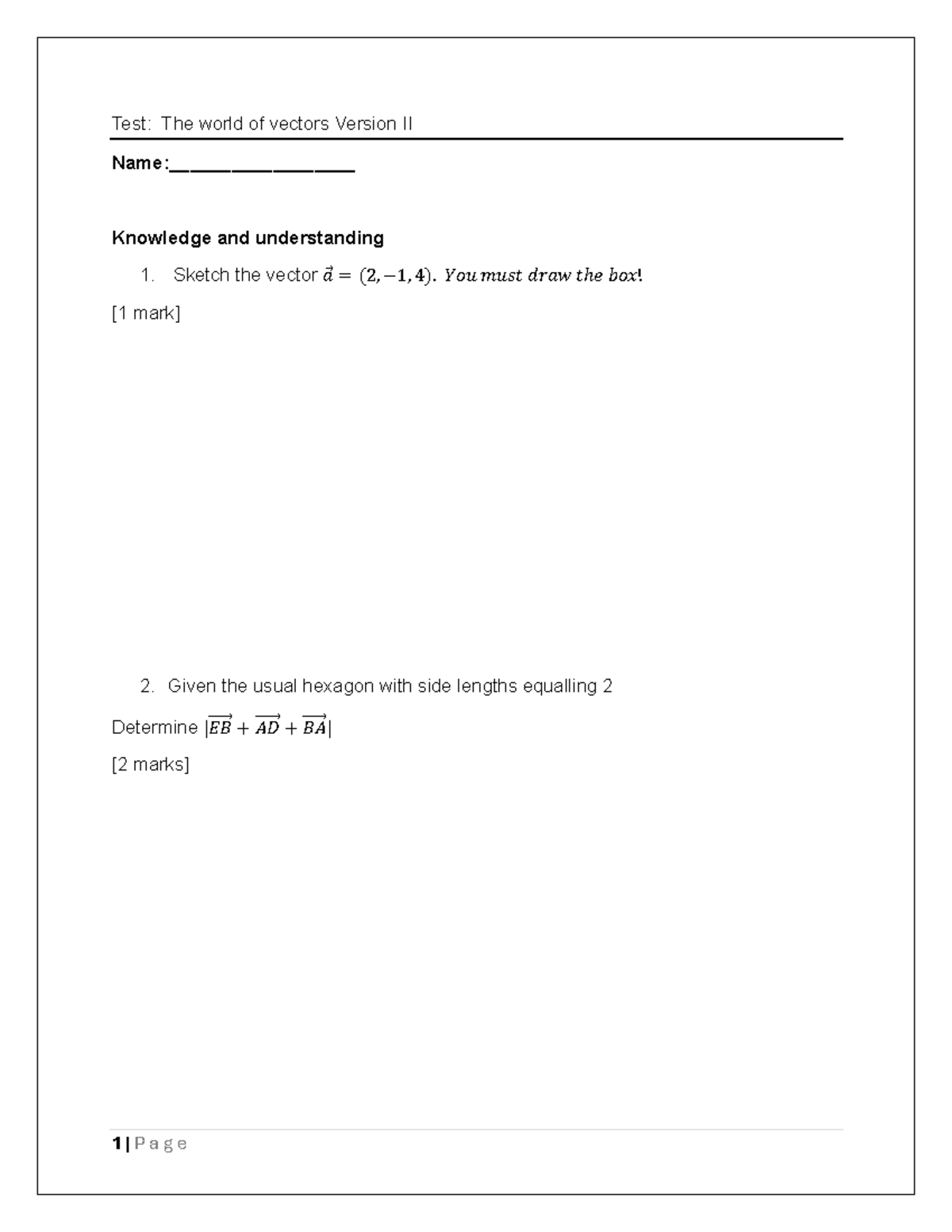Test vectors nightschool - Test: The world of vectors Version II Name ...