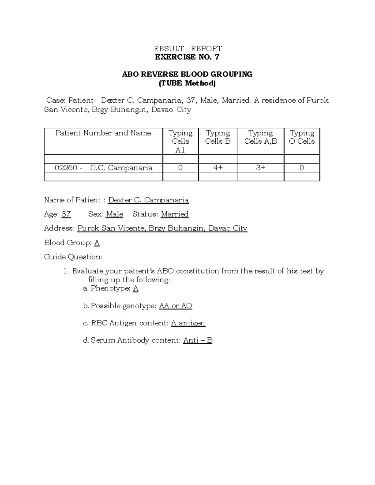 ABO Reverse Blood Grouping - RESULT REPORT EXERCISE NO. 7 ABO REVERSE ...
