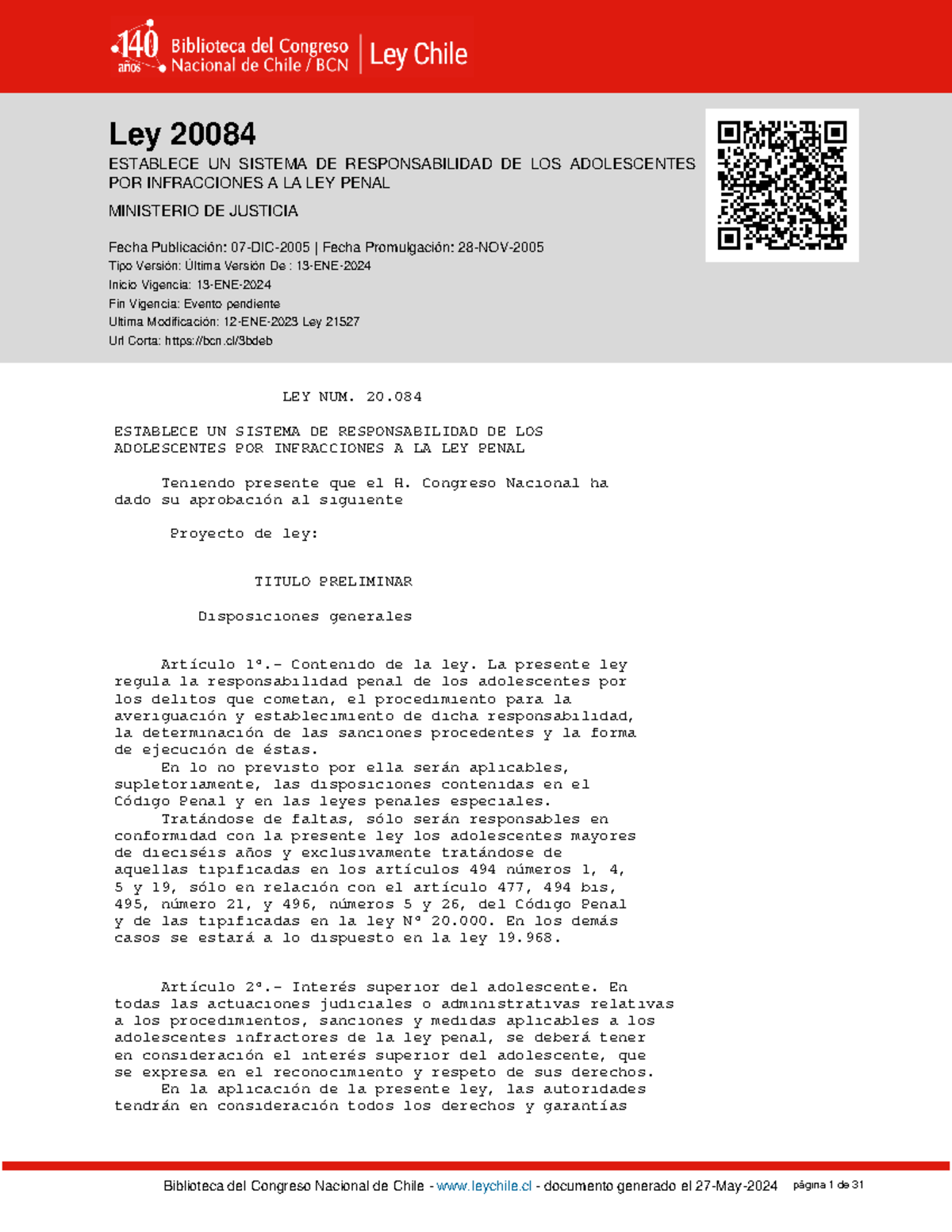 LEY-2008 4 07-DIC-2005 - Ley 20084 ESTABLECE UN SISTEMA DE ...