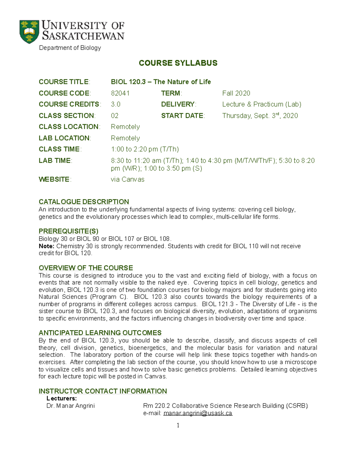 2 BIOL120(02) Syllabus Term1 (2020-2021) - Department of Biology COURSE ...