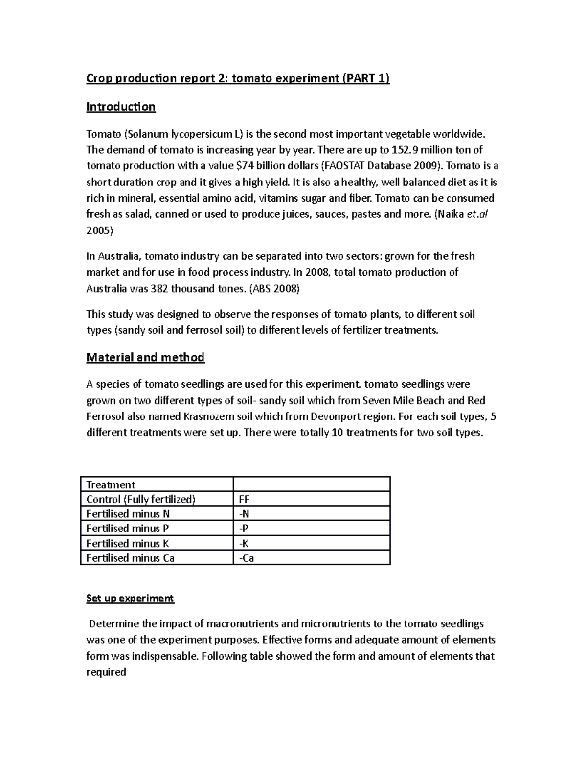 Tomato part 1 - Crop production report 2: tomato experiment (PART 1 ...