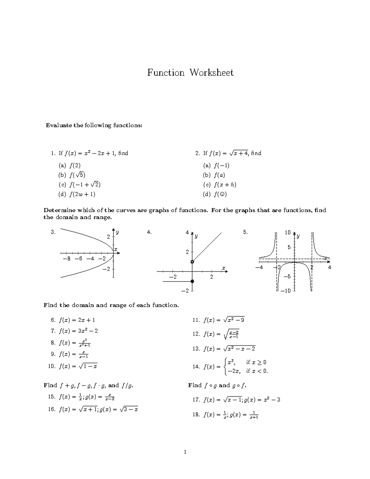Function Worksheet Qns - Function Worksheet Evaluate the following ...