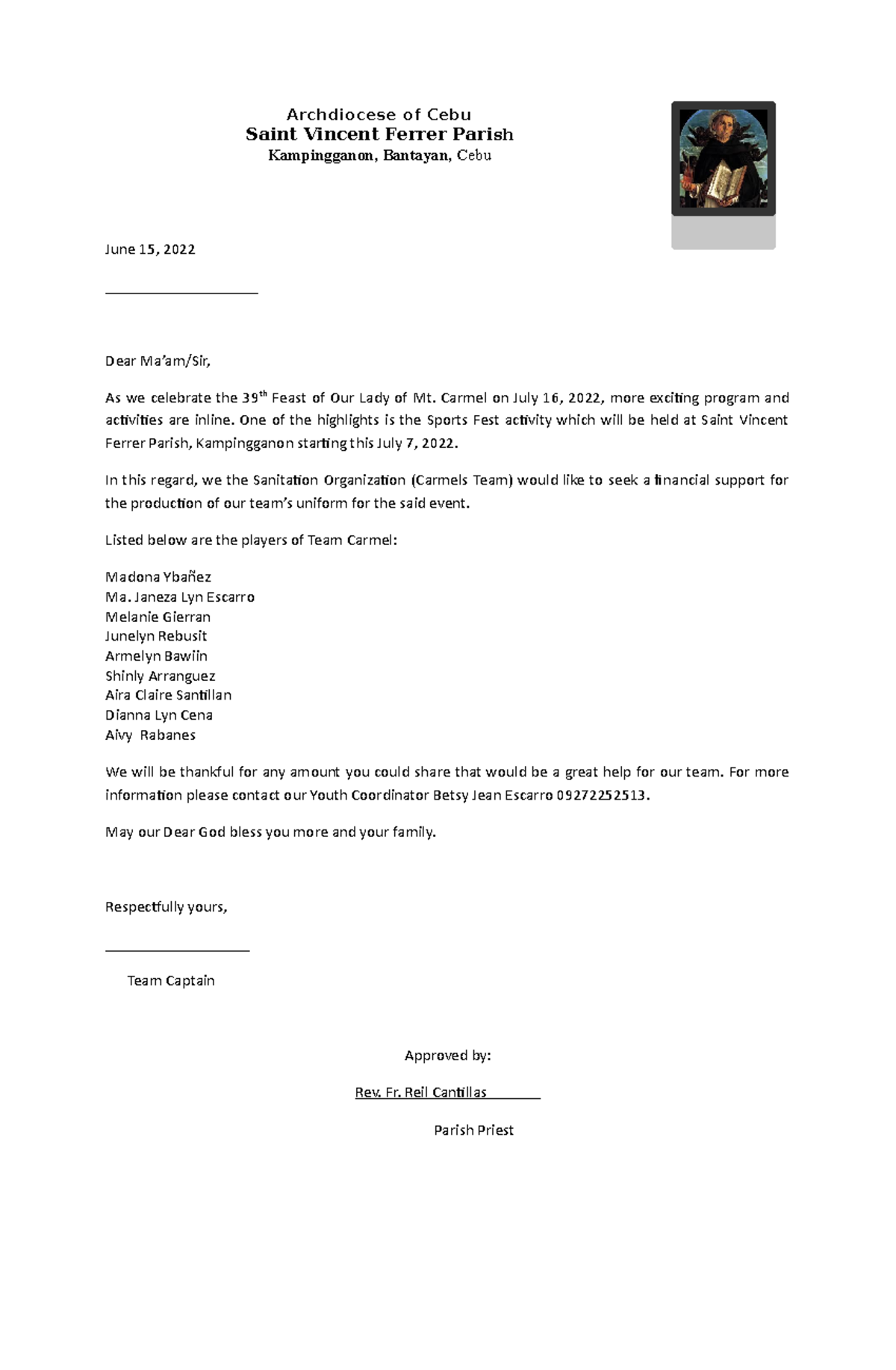 Solicitation for Sportsfest Archdiocese Of Cebu Saint Vincent Ferrer