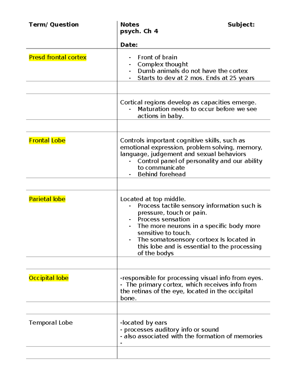 Notes Template - Term/ Question Notes Subject: psych. Ch 4 Date: Presd ...