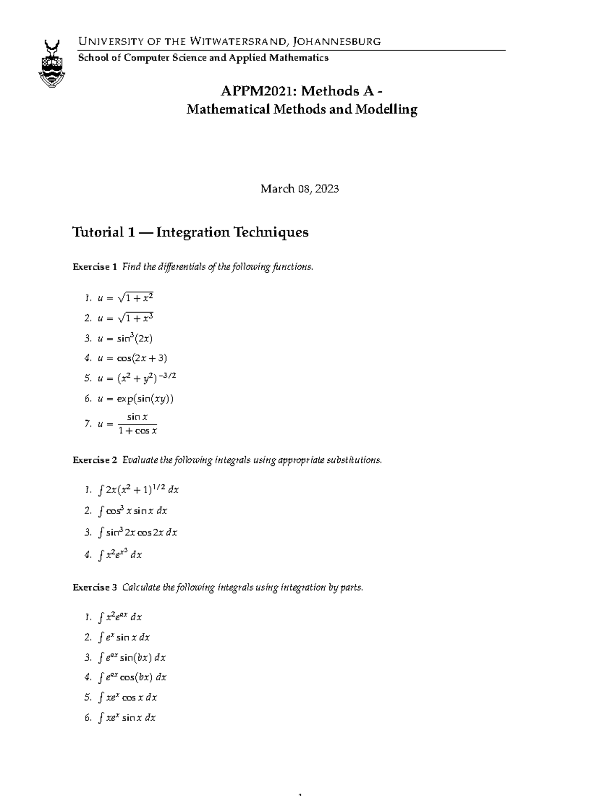Tutorial 1 - tut 1 only - UNIVERSITY OF THE WITWATERSRAND, JOHANNESBURG ...