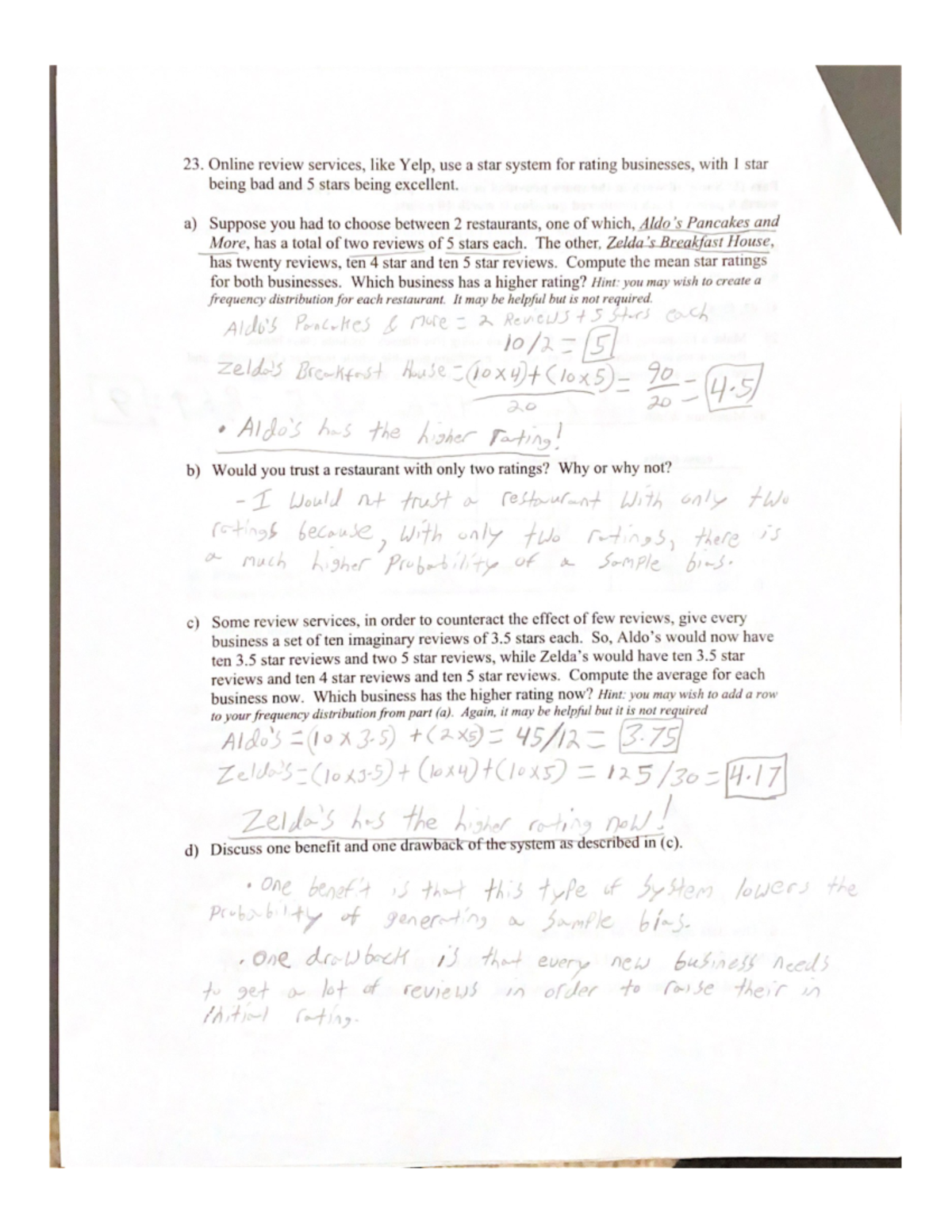 Math 15 Test1 part 6 - 23. Online review services, like Yelp, use a ...