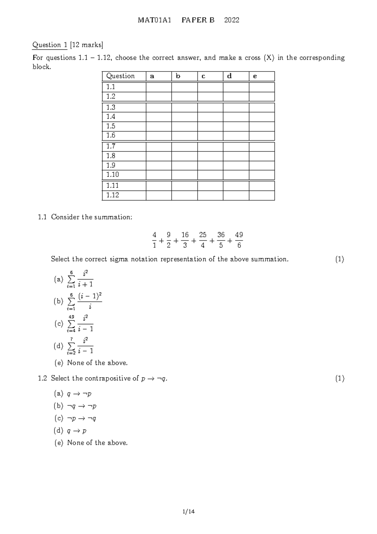 MAT01A1 2022 Exam Paper B - Question 1 [12 marks] For questions 1 – 1 ...