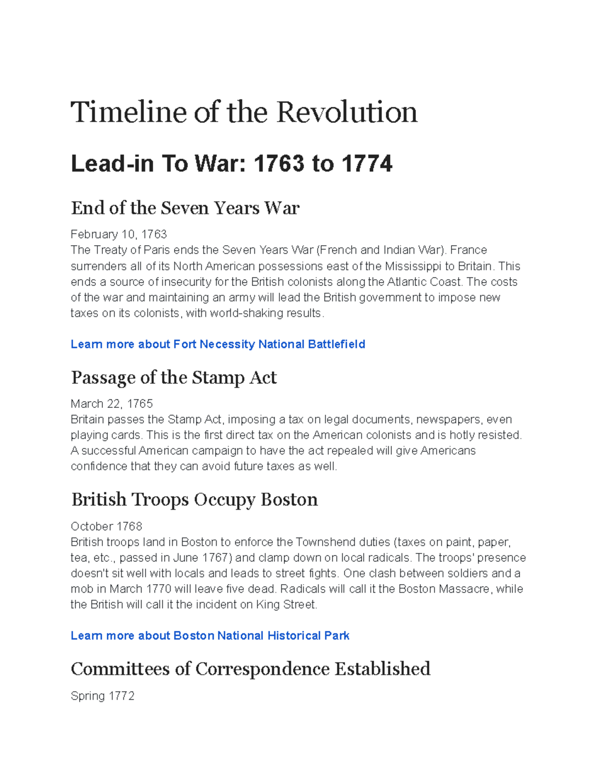 Timeline of the Revolution - Timeline of the Revolution Lead-in To War ...