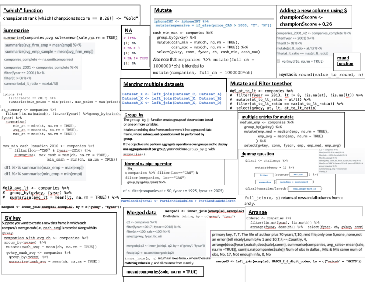 Combinepdf - final cheat sheet - "which" function Summarise NA Mutate ...
