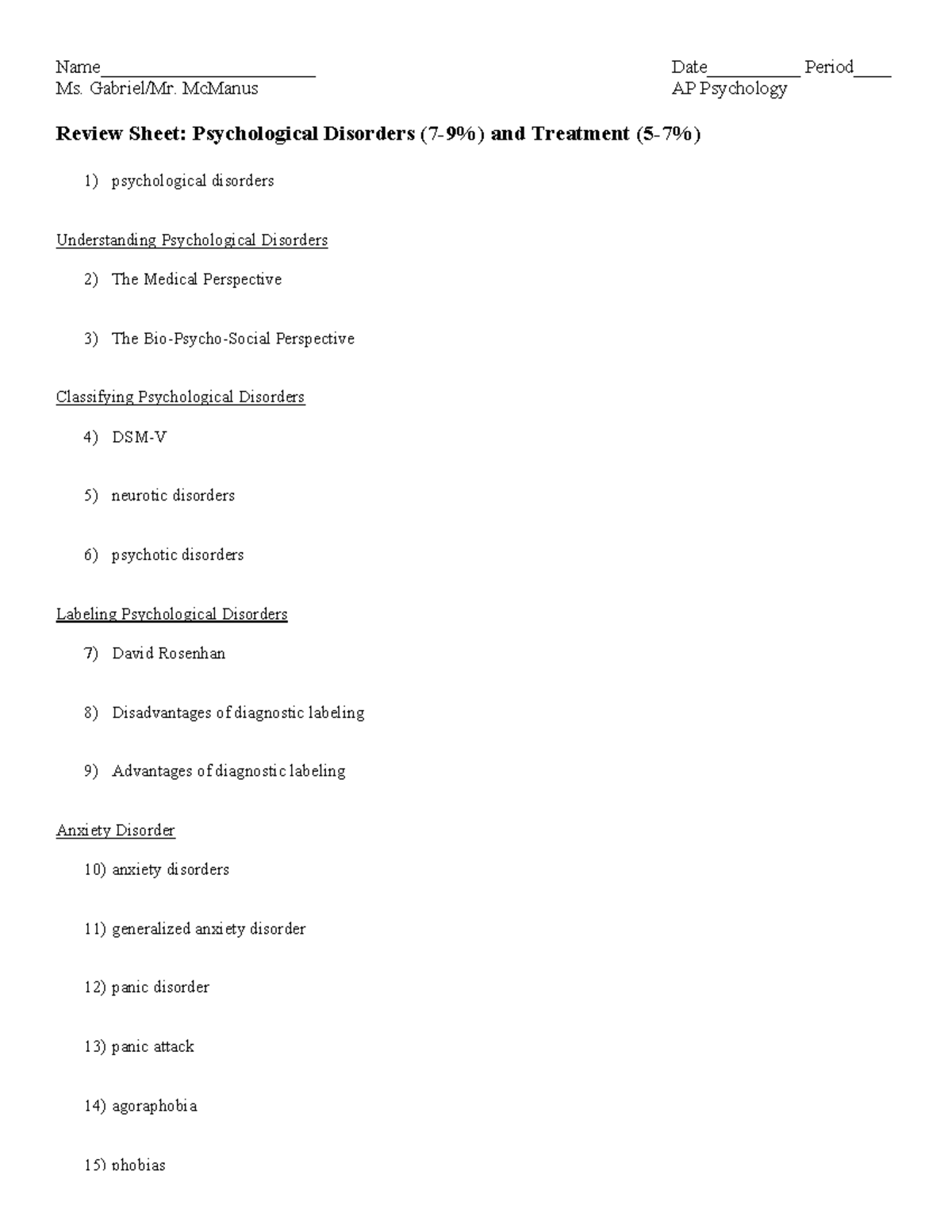 AP Psychology Review Sheet: Psychological Disorders and Treatment - Studocu