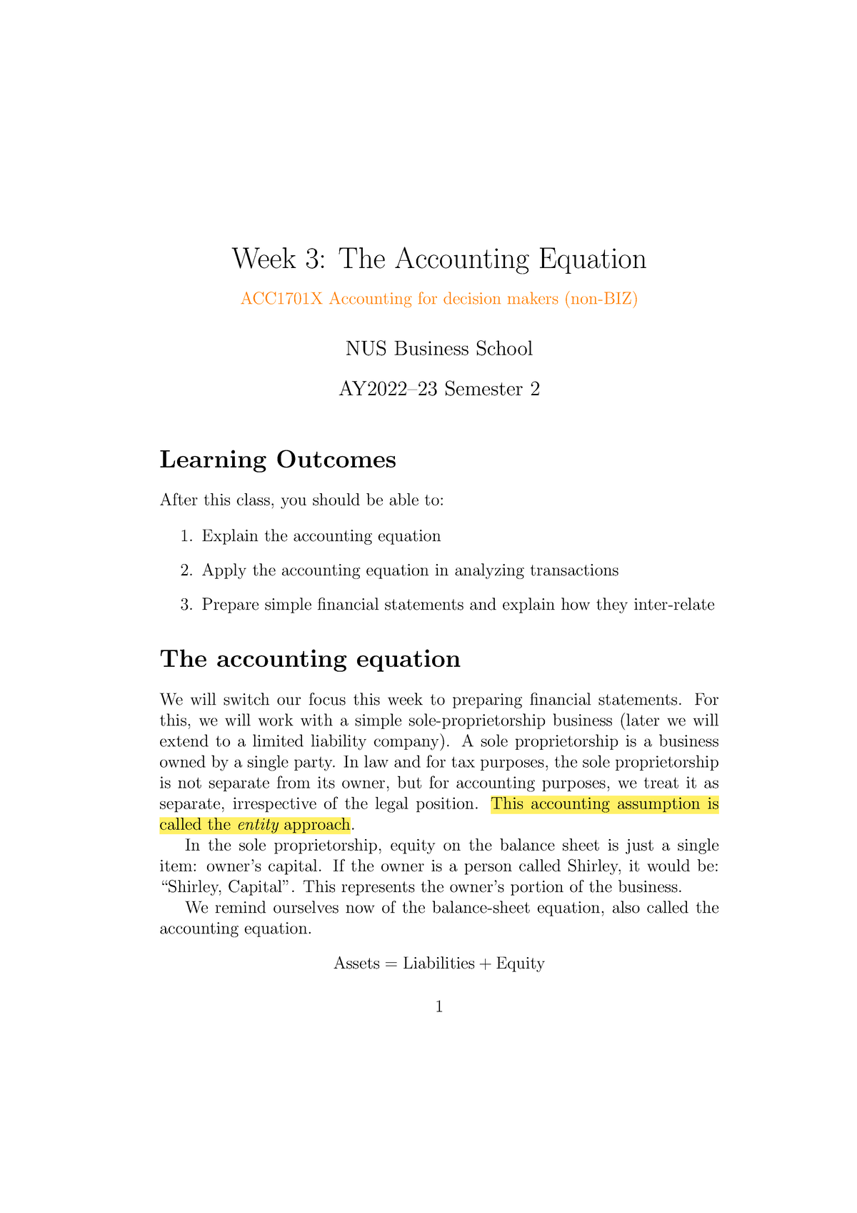 Week3 handout Worked - Lecture notes - Week 3: The Accounting Equation ...