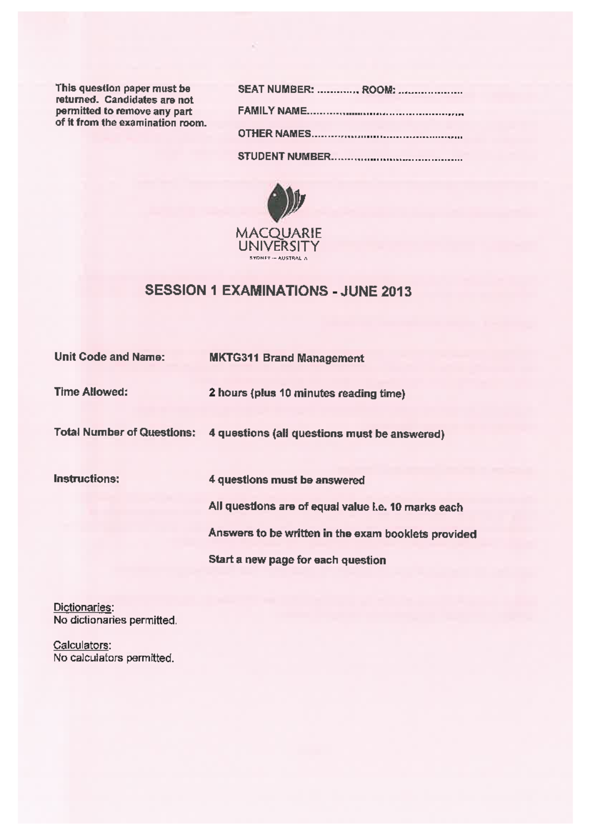 Exams 2013 - 2015, Questions For Marketing 311 Brand Management - This ...