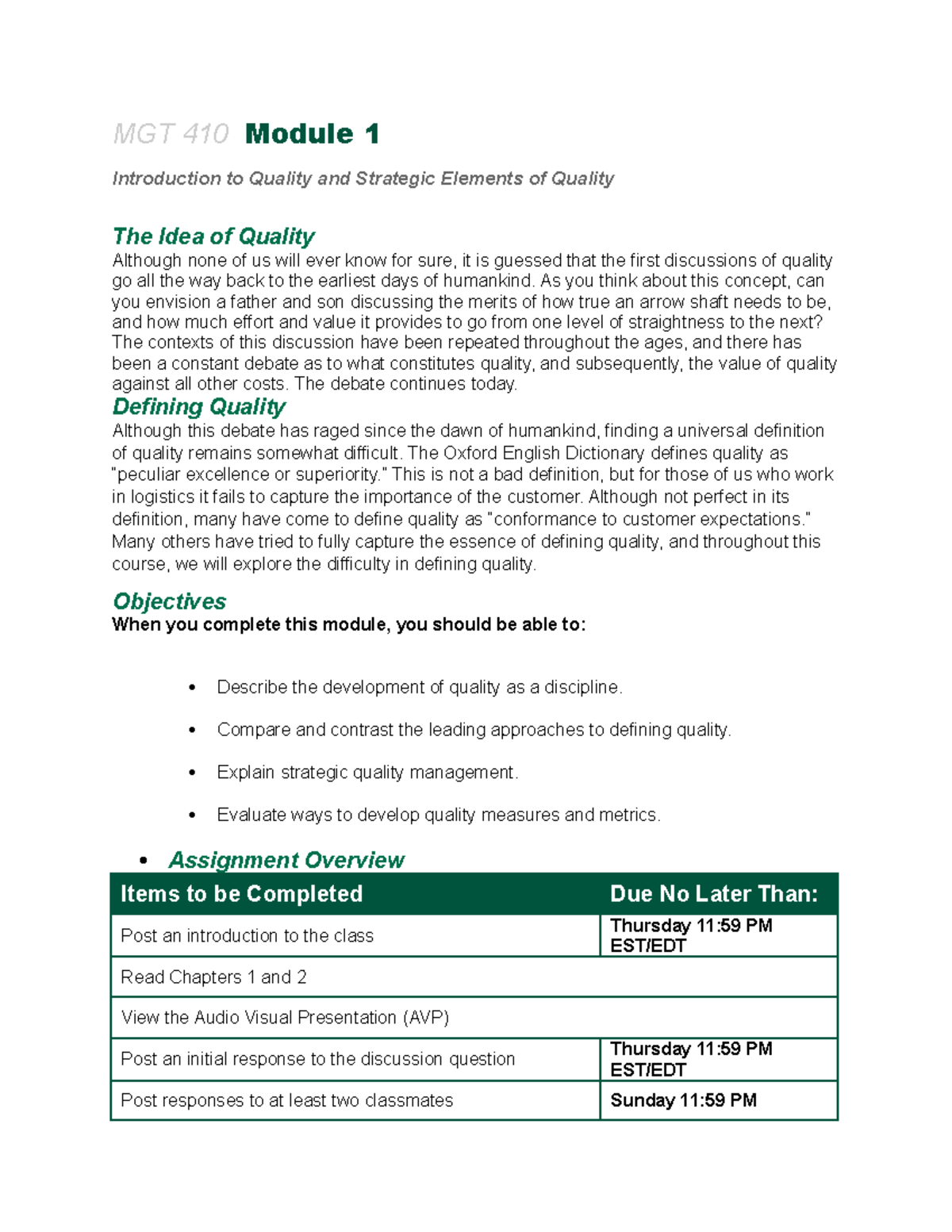 Mod NOtes - MGT 410 Module 1 Introduction to Quality and Strategic ...