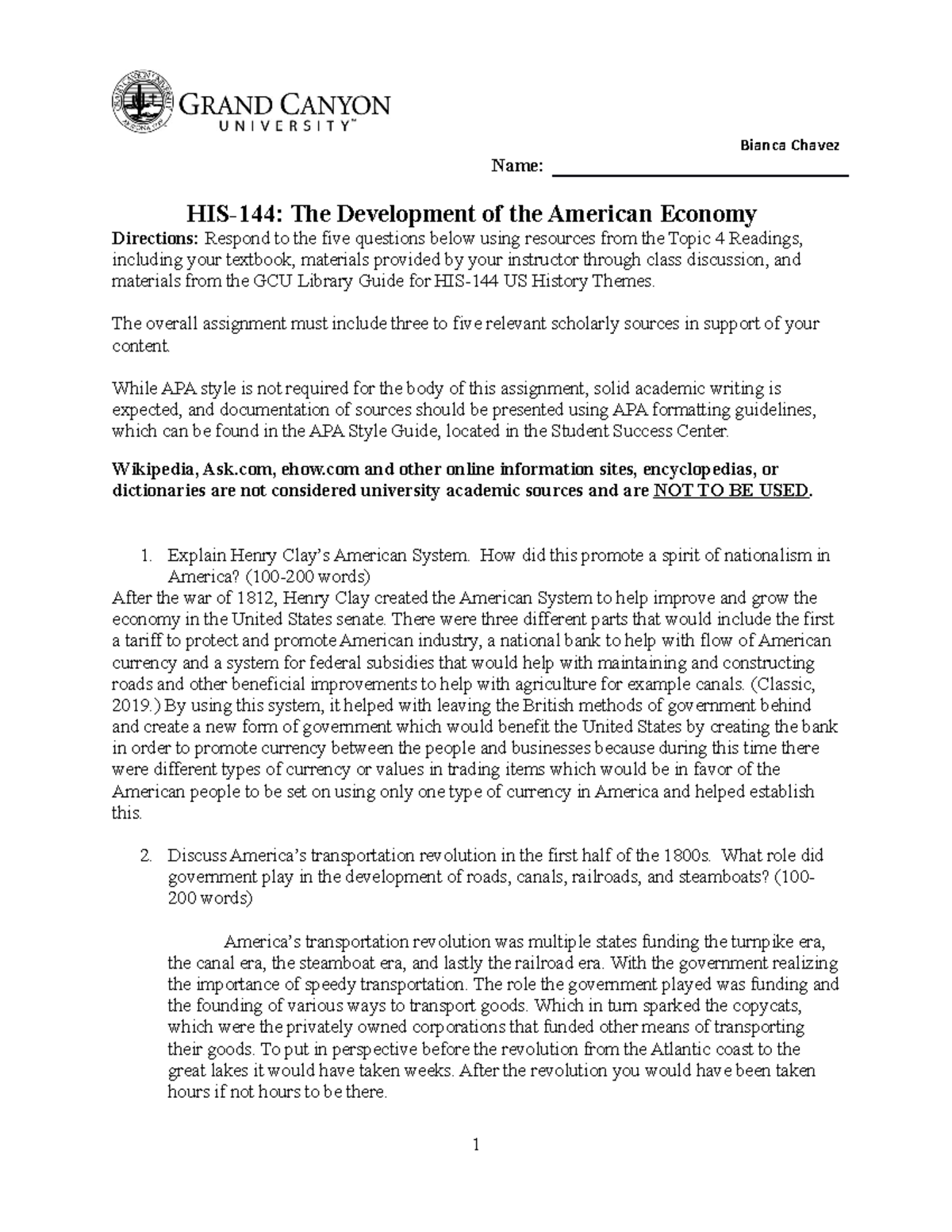 HIS-144 Week 4 Assignment Development of the American Economic ...