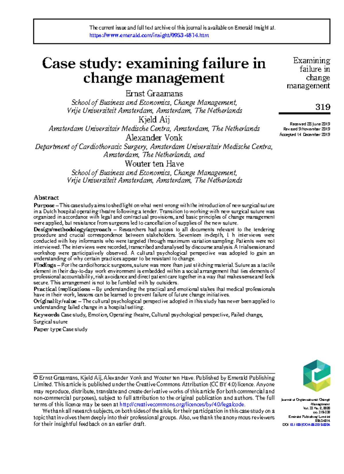 10-1108 JOCM-06-2019-0204 - Case study: examining failure in change ...