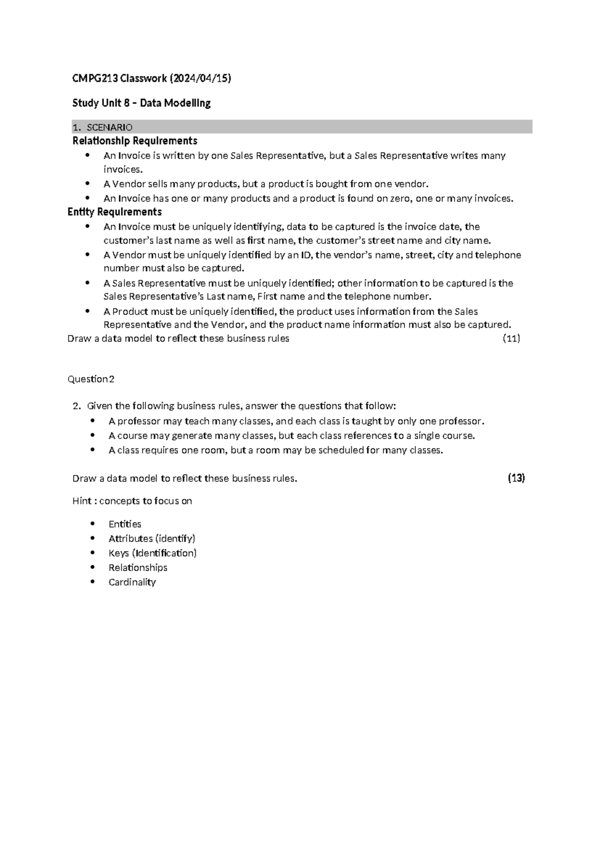 SU8 - Data Modeling Class Work QP - CMPG213 Classwork (2024/04/15 ...