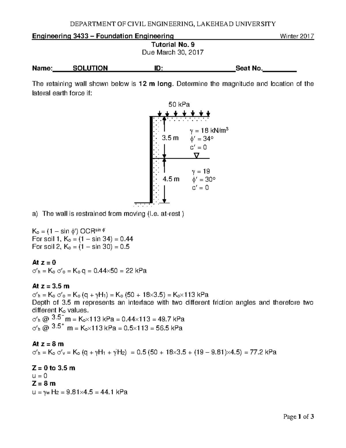 Tutorial No. 9 Solution - DEPARTMENT OF CIVIL ENGINEERING, LAKEHEAD ...