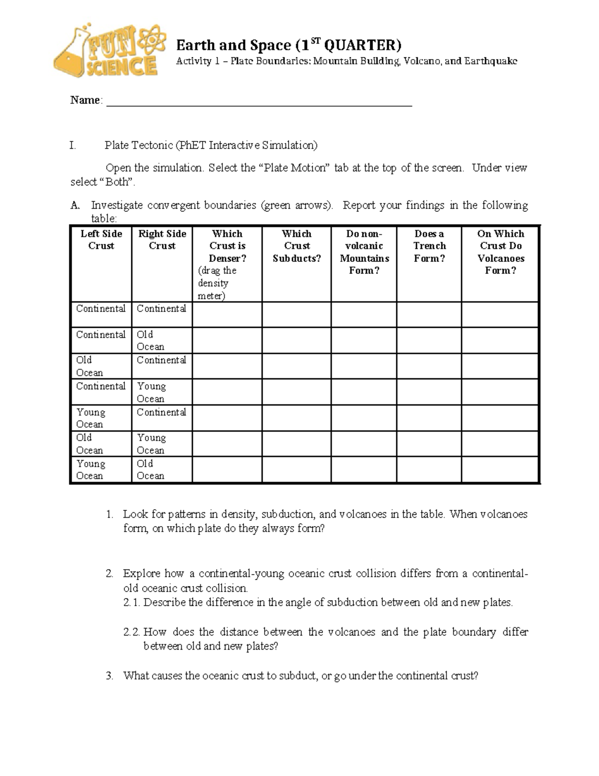Activity 1 - Plate Boundaries - Earth and Space ( ST QUARTER) Activity ...