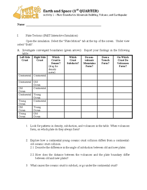 Plate Tectonics Test 1 - DEPARTMENT OF EDUCATION Region X-Northern ...