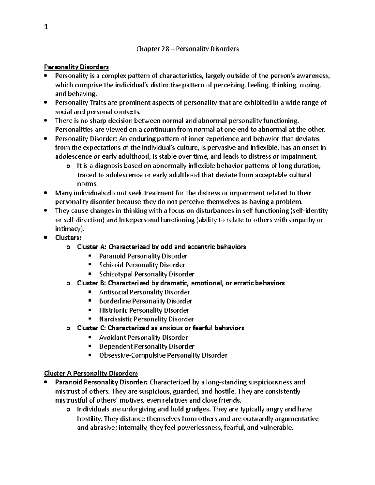 Chapter 28 Notes - Chapter 28 – Personality Disorders Personality ...