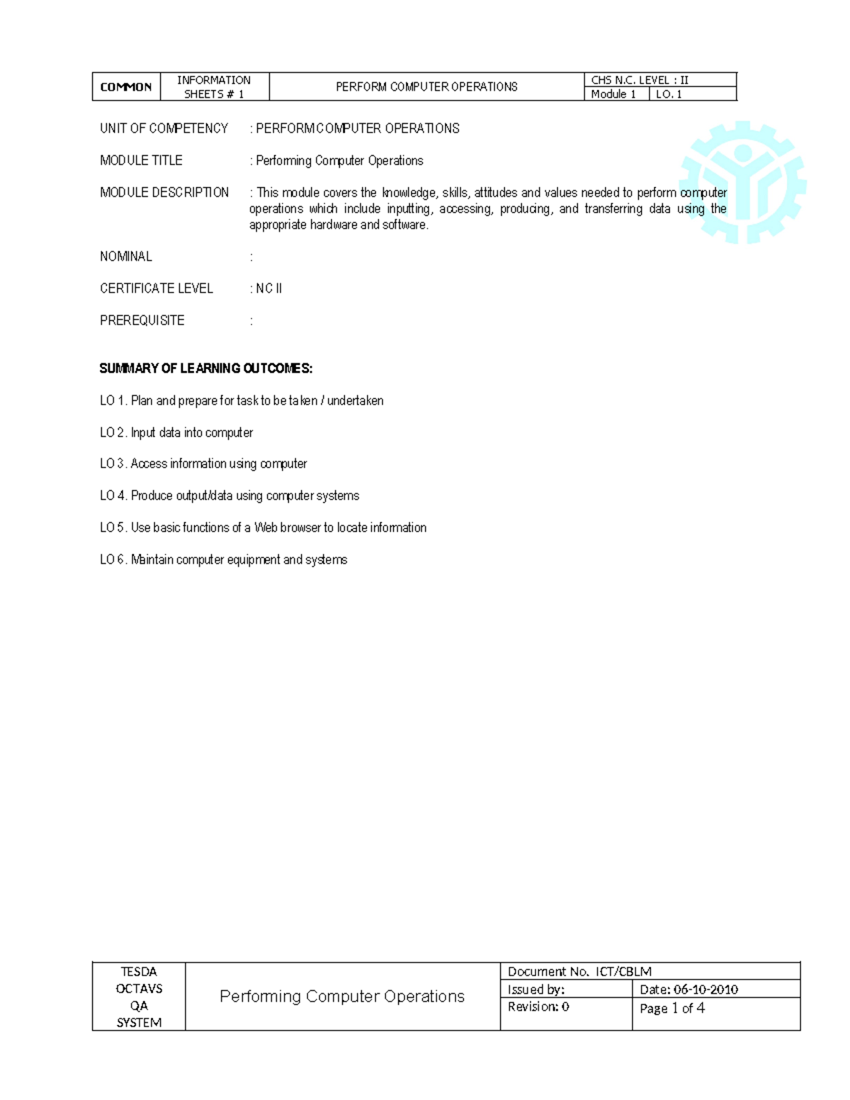 2LO1INFO1 - LO1 - UNIT OF COMPETENCY : PERFORM COMPUTER OPERATIONS ...