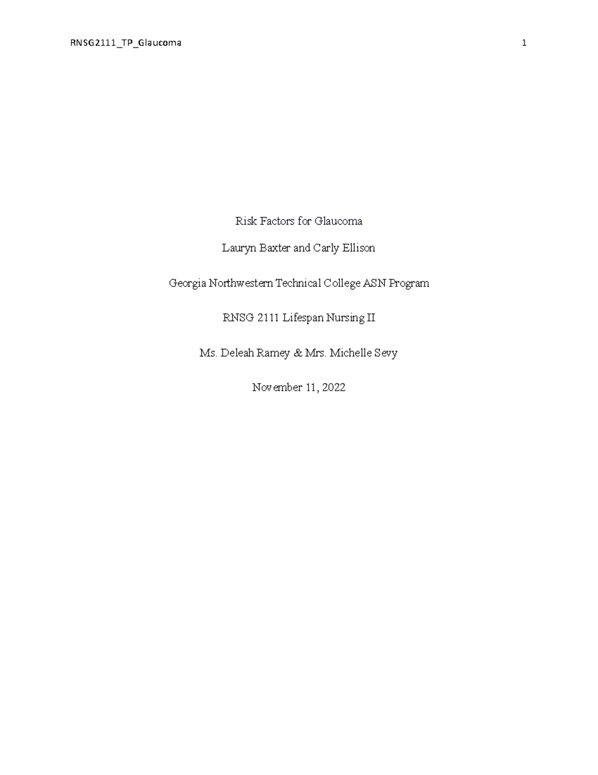 Glaucoma TP - Risk Factors for Glaucoma Lauryn Baxter and Carly Ellison ...