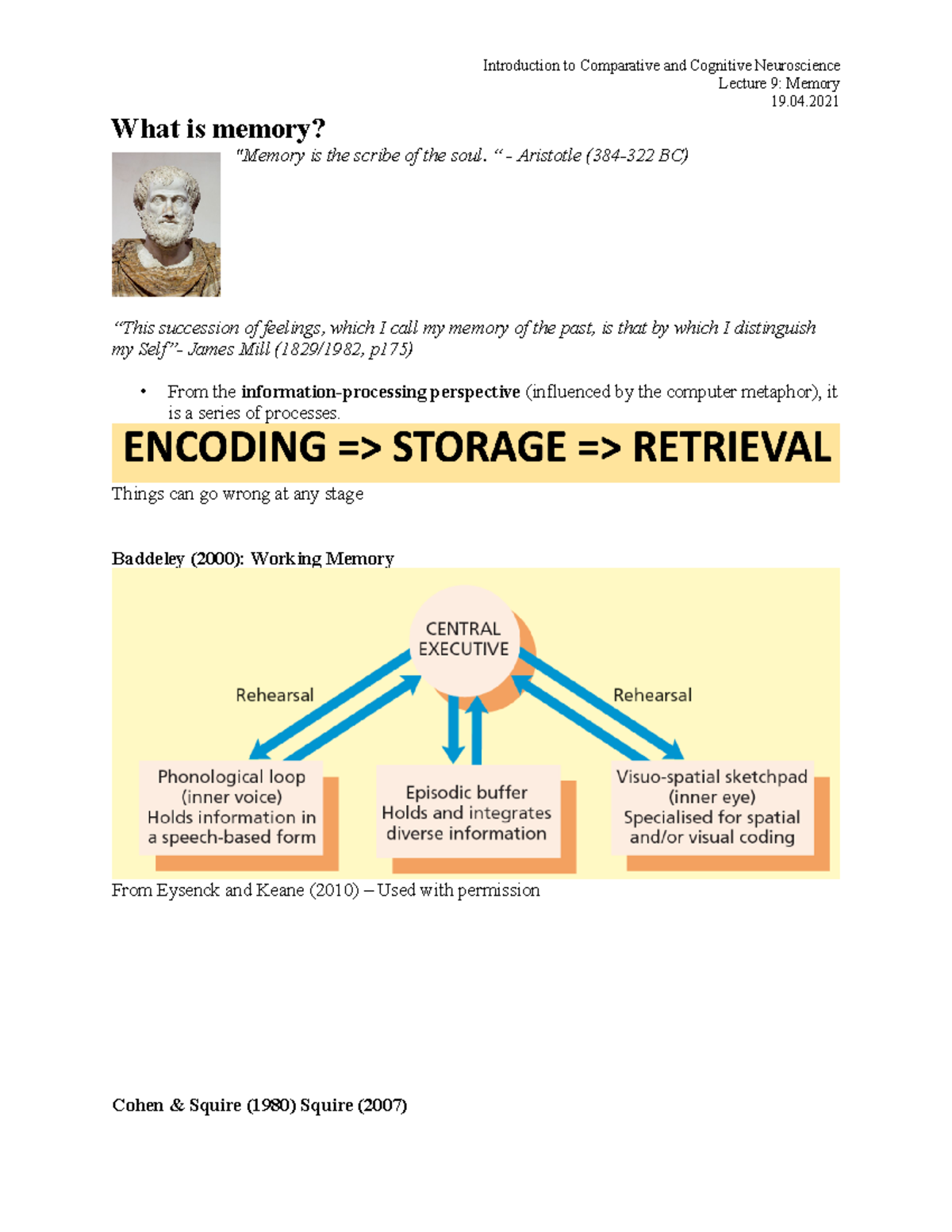 10 - Memory - Lecture notes 10 - Lecture 9: Memory 19. What is memory ...
