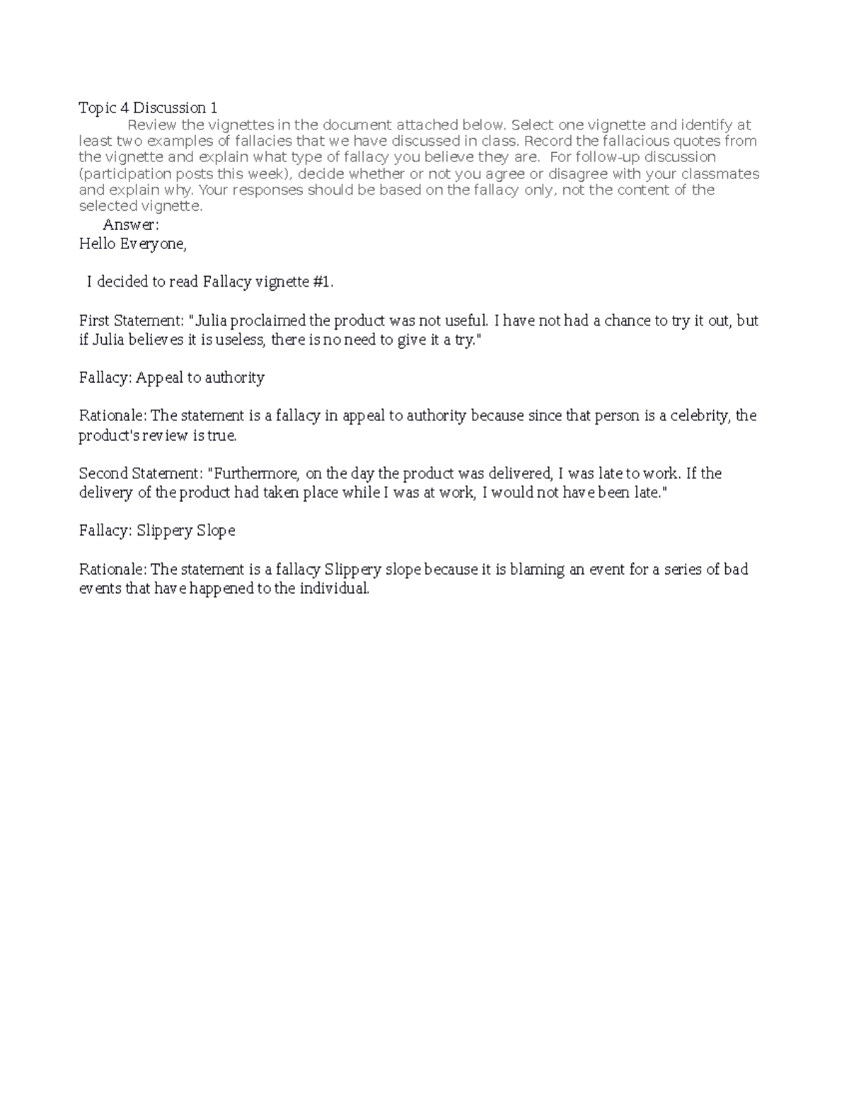 Topic 4 Dscussion 1 - Topic 4 Discussion 1 Review the vignettes in the ...