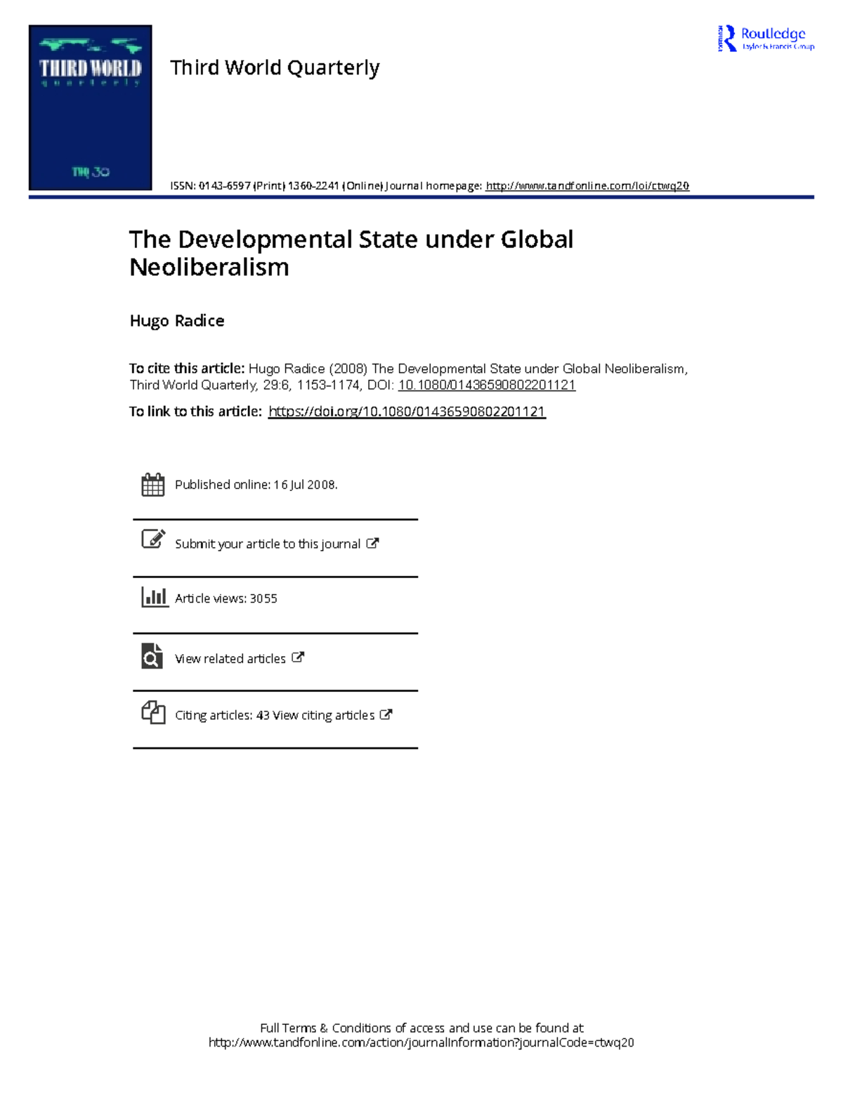 The Developmental State under Global Neoliberalism - 1080/ Published ...