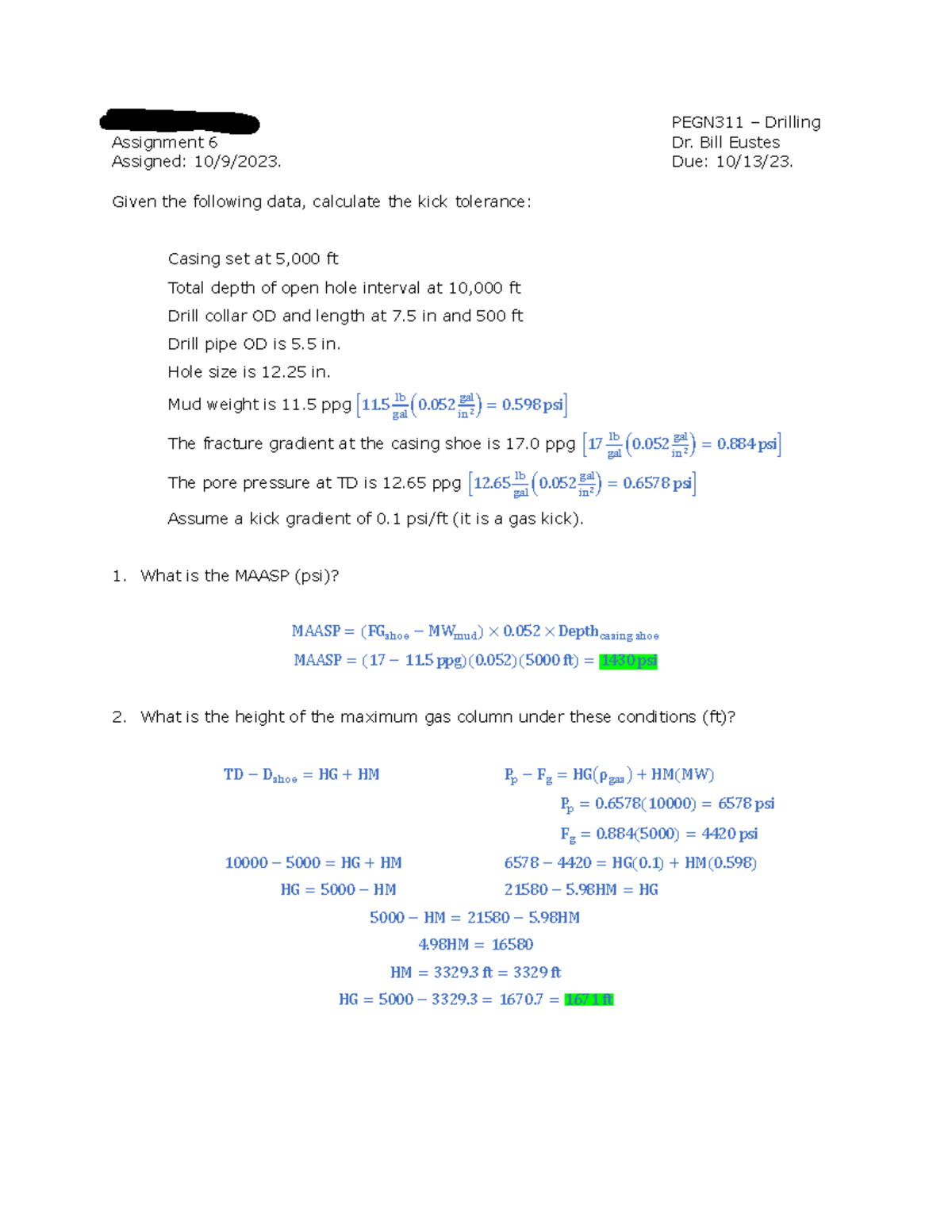 PEGN311 Assignment 6 - Wayne Snodgrass PEGN311 – Drilling Assignment 6 ...
