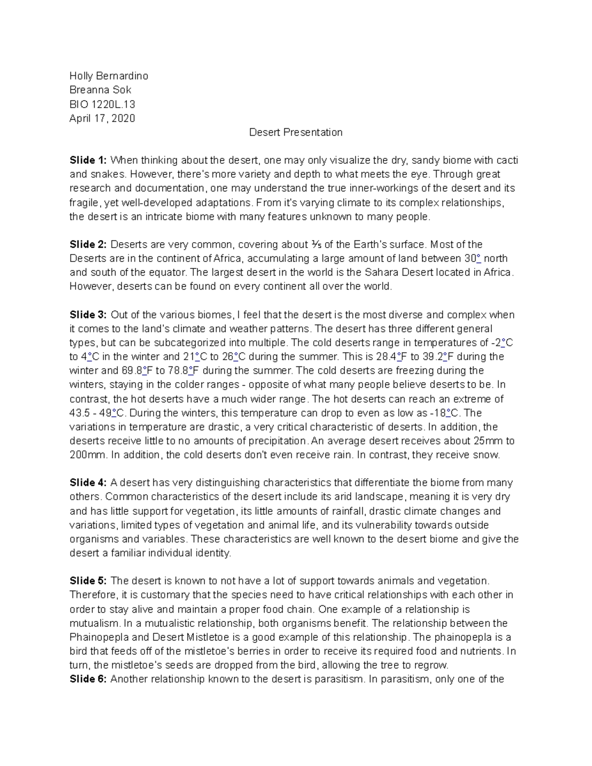 Desert Biome Presentation 1220L Write UP - Holly Bernardino Breanna Sok ...