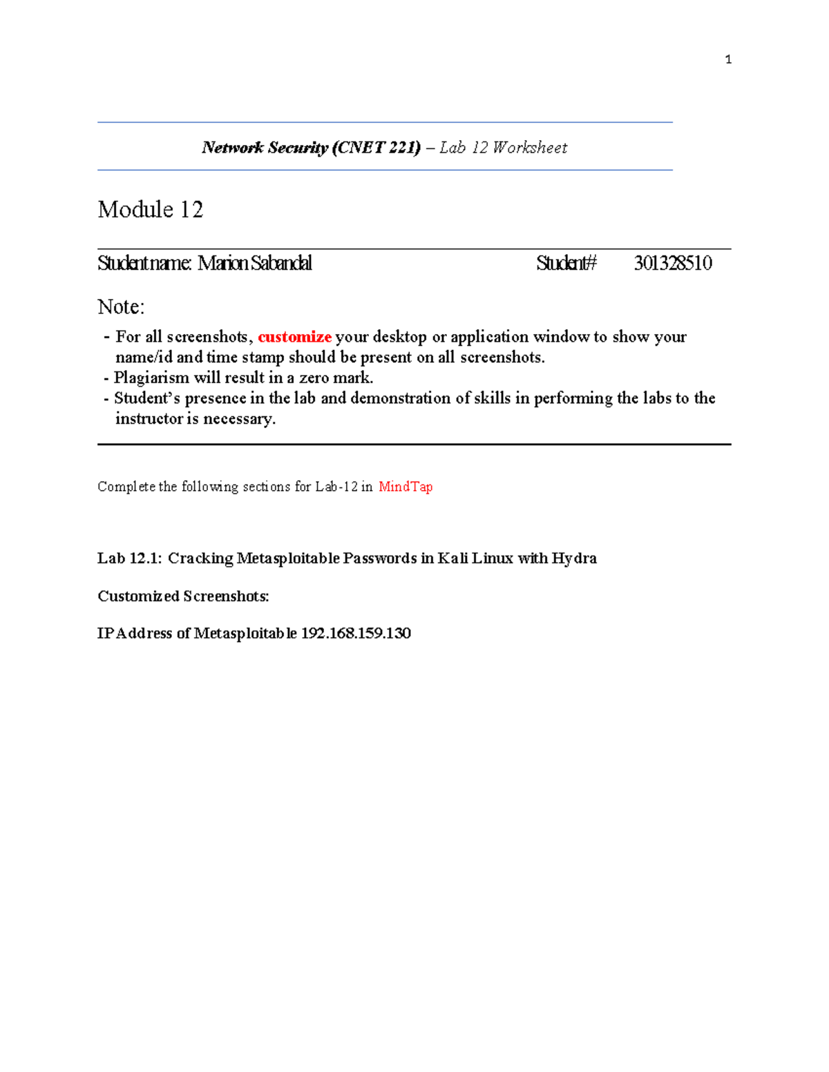 Network Security (CNET 221) – Lab 12 Worksheet - Network Security (CNET ...
