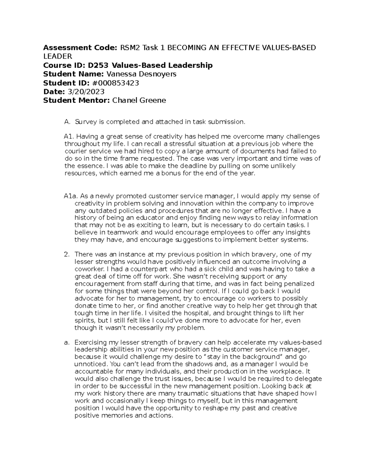 Value Based Leadership RSM2 Task 1 - Assessment Code: RSM2 Task 1 ...