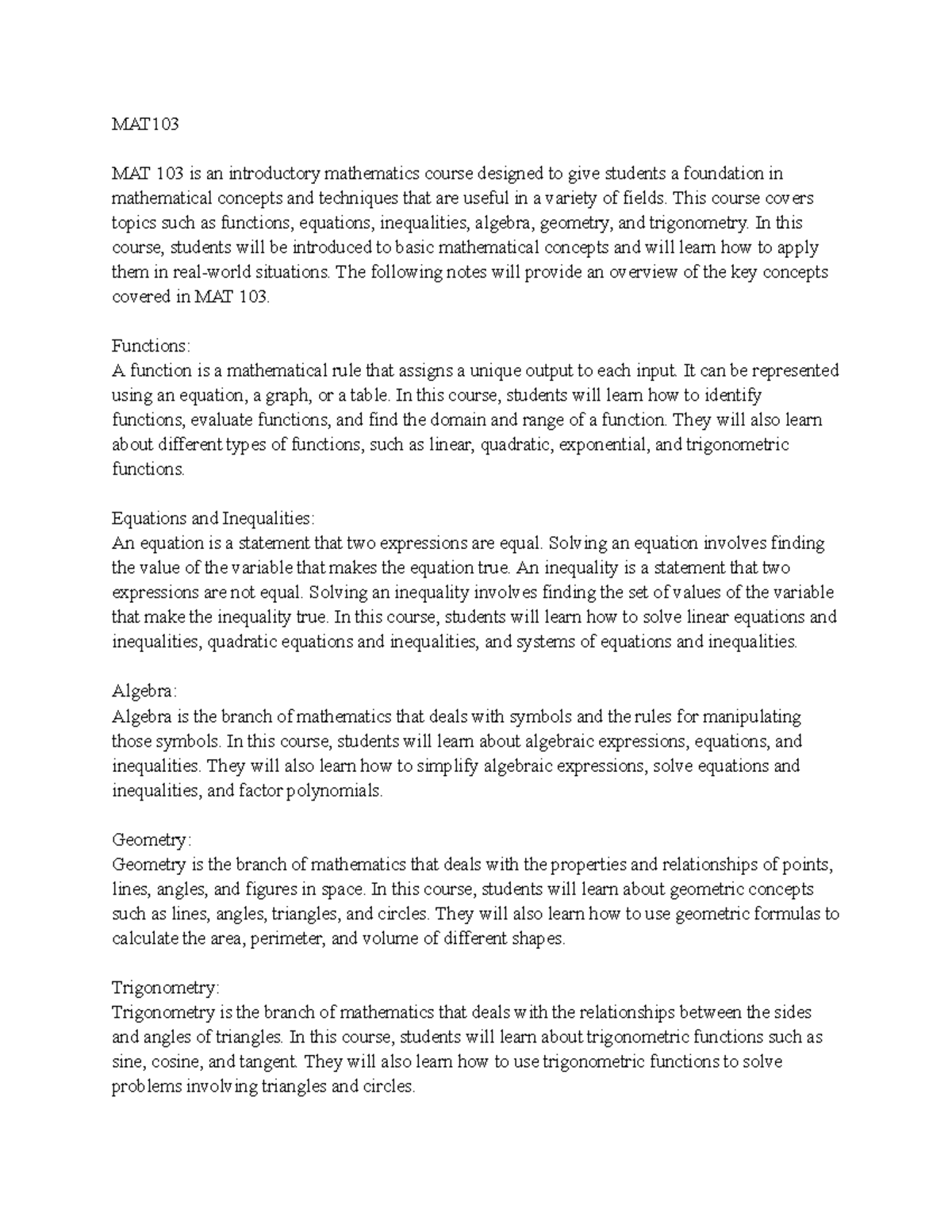 MAT103 Notes - MAT MAT 103 is an introductory mathematics course ...