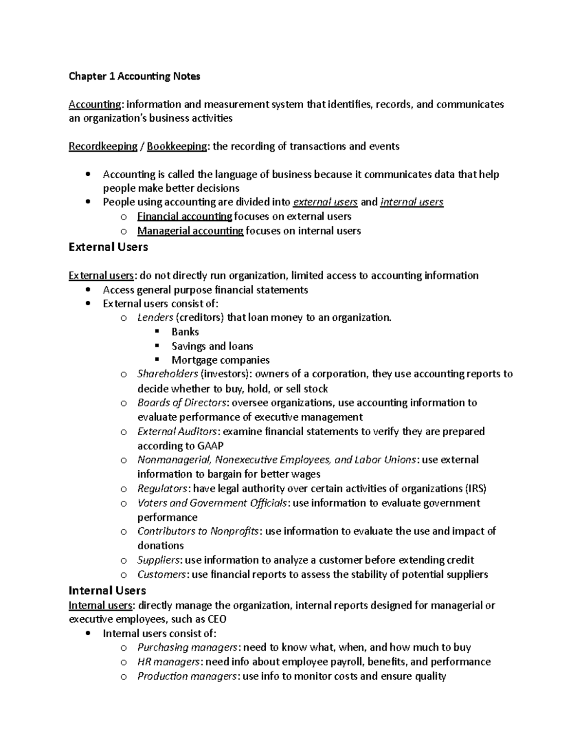 Accounting Notes - Chapter 1 Accounting Notes Accounting: information ...