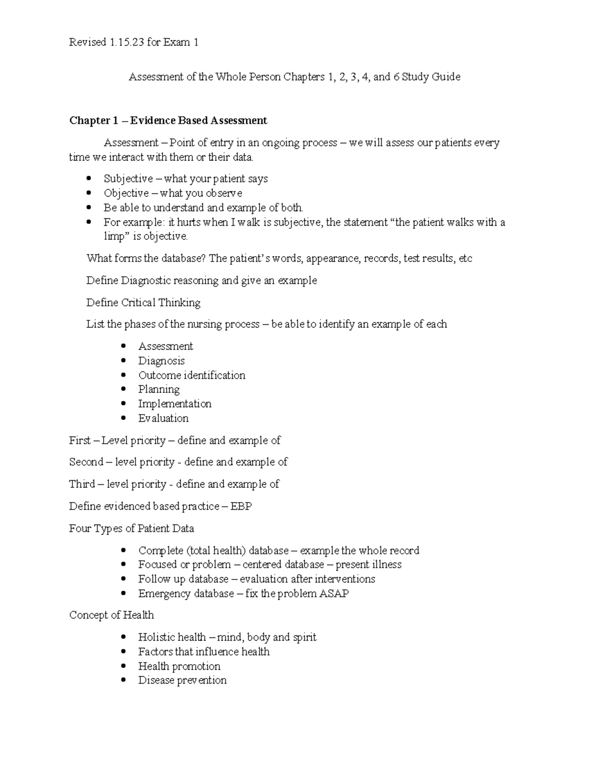 Assessment of the Whole Person Study guide Lecture 1 HN 1 - Assessment ...