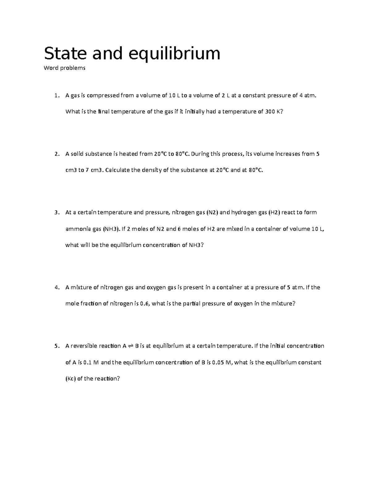 State and equilibrium - self-made worksheet for basic thermodynamics ...