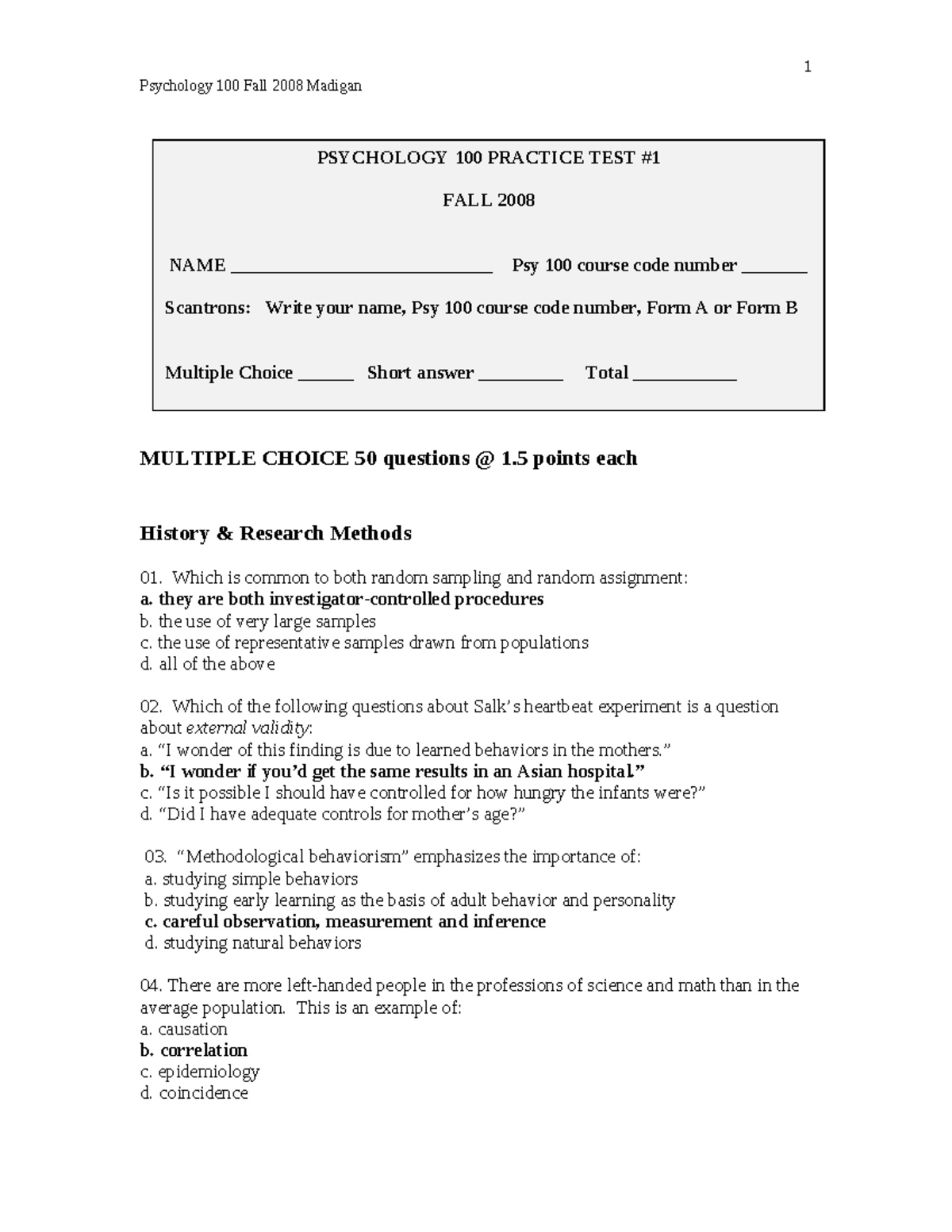 PSY 100 TEST 1 FALL 2008 with key - Psychology 100 Fall 2008 Madigan ...