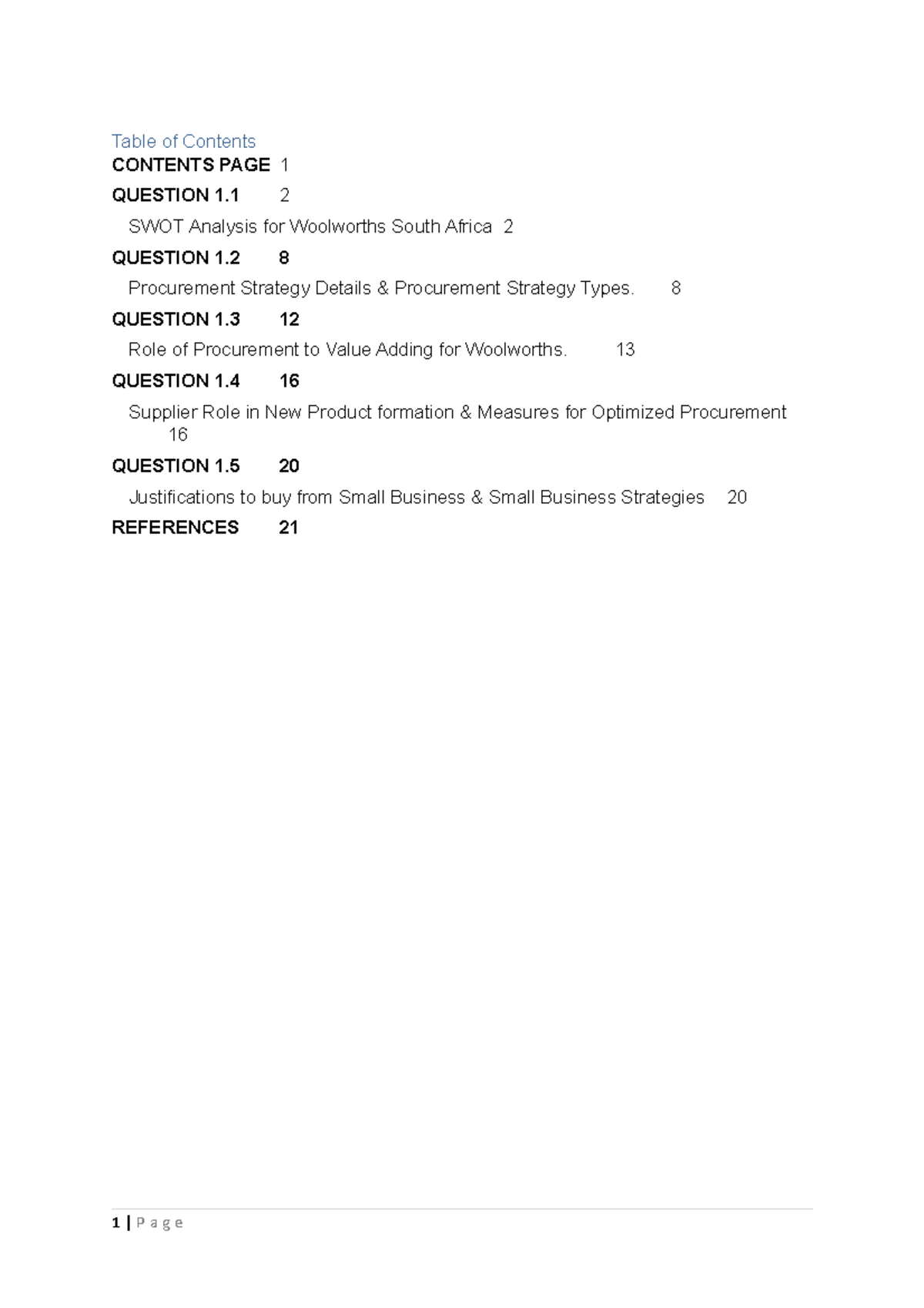 Procurement - Assignment - Table of Contents CONTENTS PAGE QUESTION 1 ...