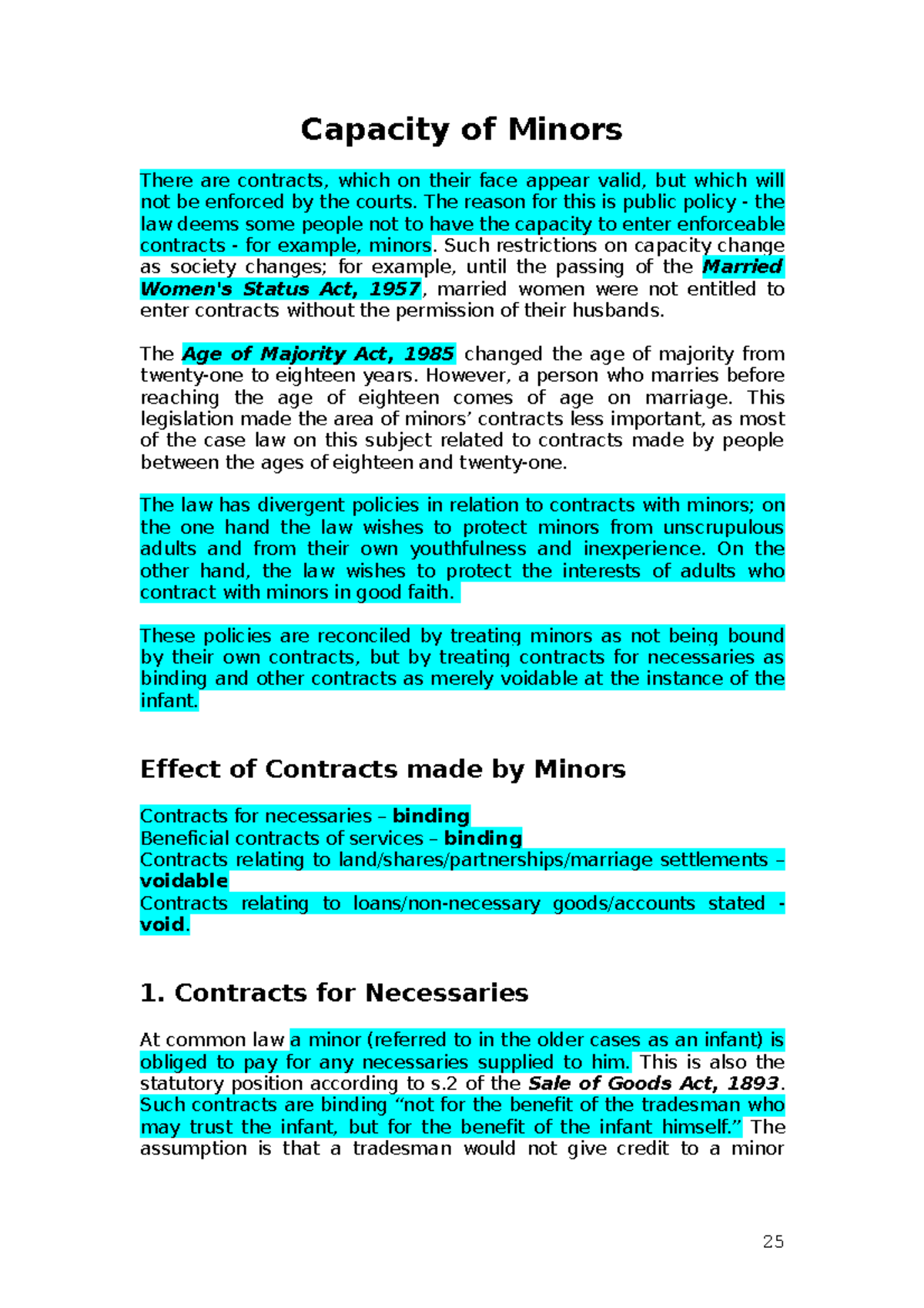 Capacity of Minors Handout 21 - Contract Law - NUI Galway - Studocu