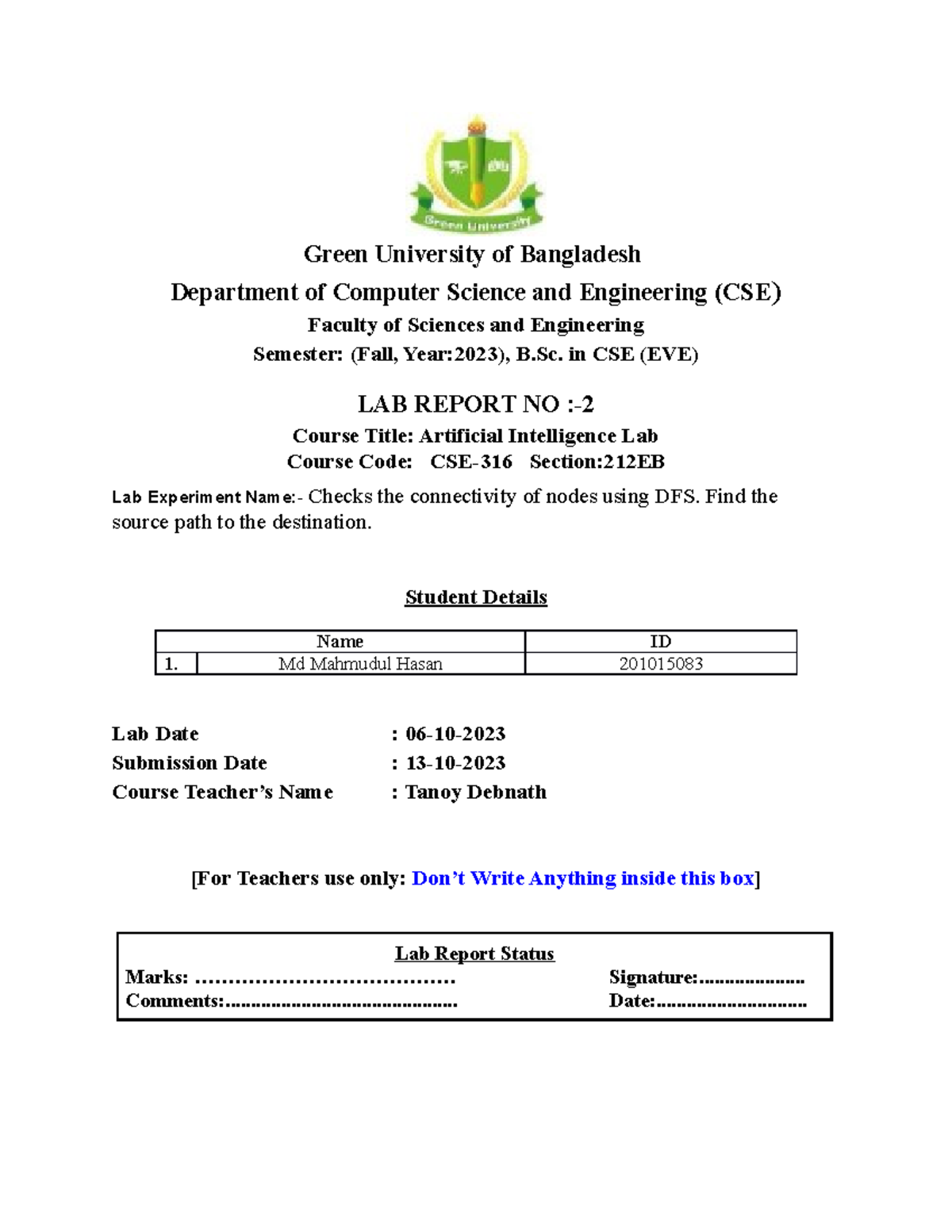 Lab-Report-Artificial lab -2 - Green University of Bangladesh ...